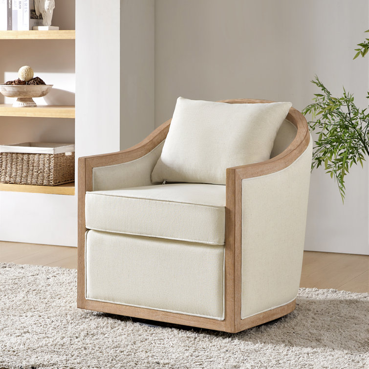 Manja Jess Farmhouse Edging Swivel Barrel Chair with Toss Pillows Red Barrel Studio Fabric Ivory Polyester Blend